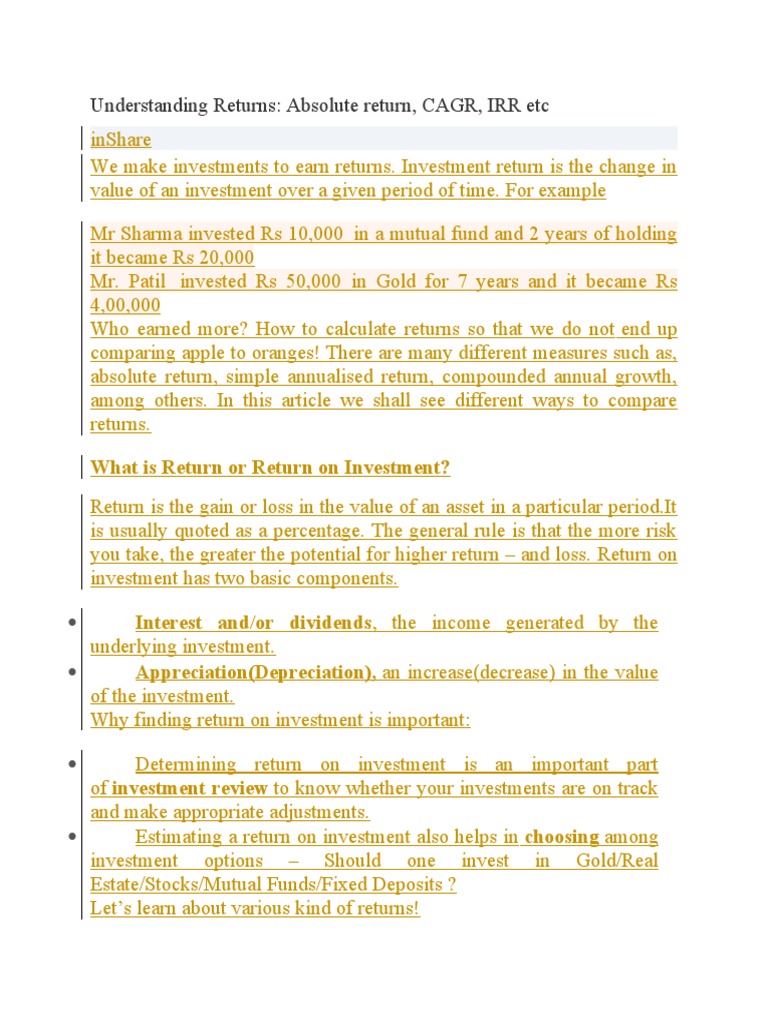 Understanding Returns: Absolute Return, CAGR, IRR Etc: What Is Return ...