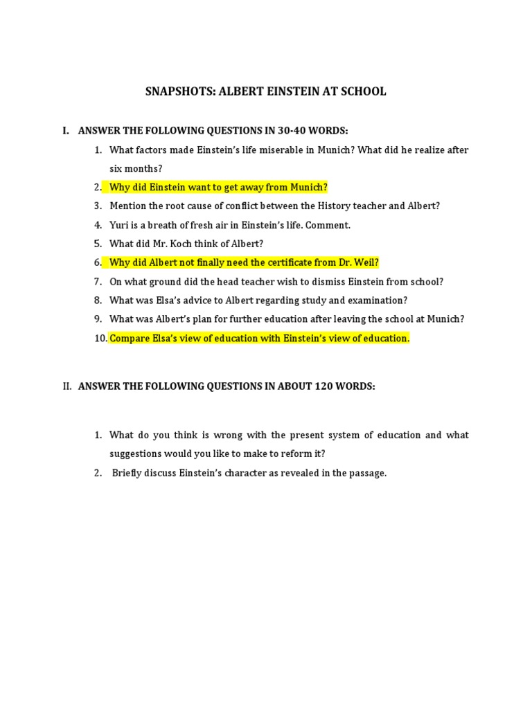 Snapshots: Albert Einstein at School: I. Answer The Following Questions ...