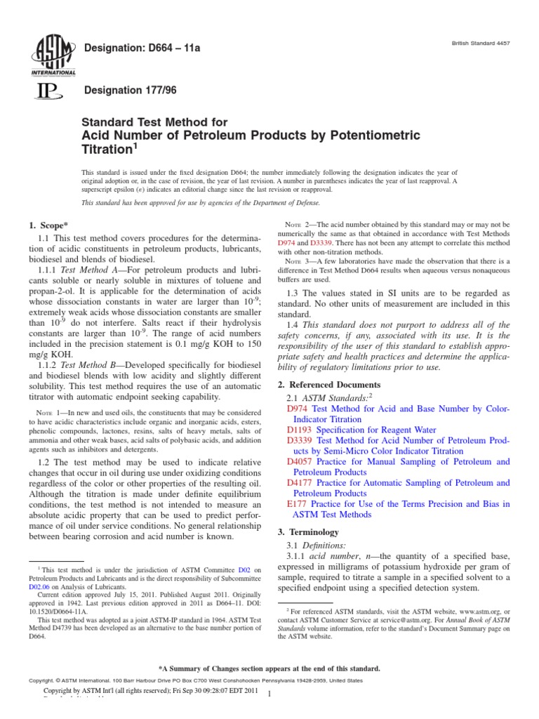 ASTM - D664 - 2009 Reapproved 2011 - Standard Test Method For Acid ...