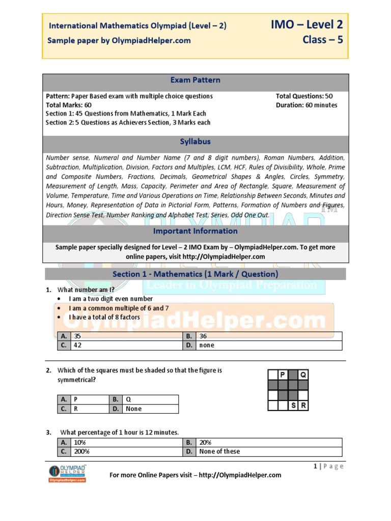 Sample Paper for Level 2 of the International Mathematics Olympiad Exam ...