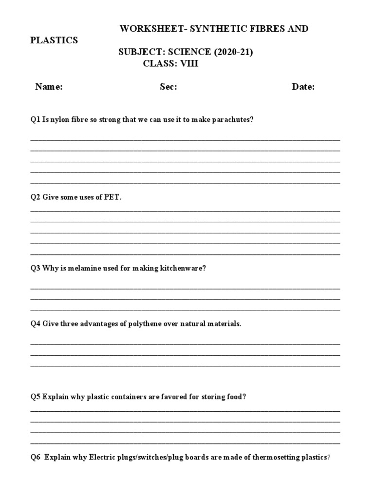 Synthetic Fibres and Plastics Worksheet | PDF | Synthetic Fiber | Plastic