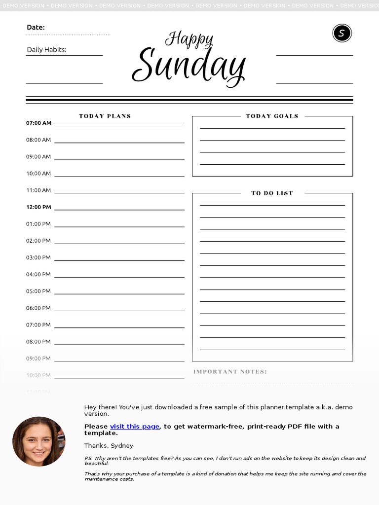 Sunday: Hey There! You've Just Downloaded A Free Sample of This Planner ...
