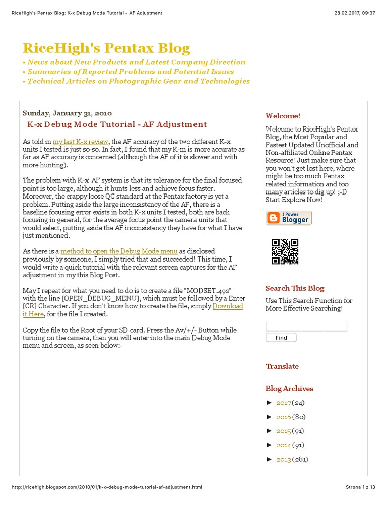 RiceHigh's Pentax Blog: K-X Debug Mode Tutorial - AF Adjustment | Download Free PDF | Digital ...