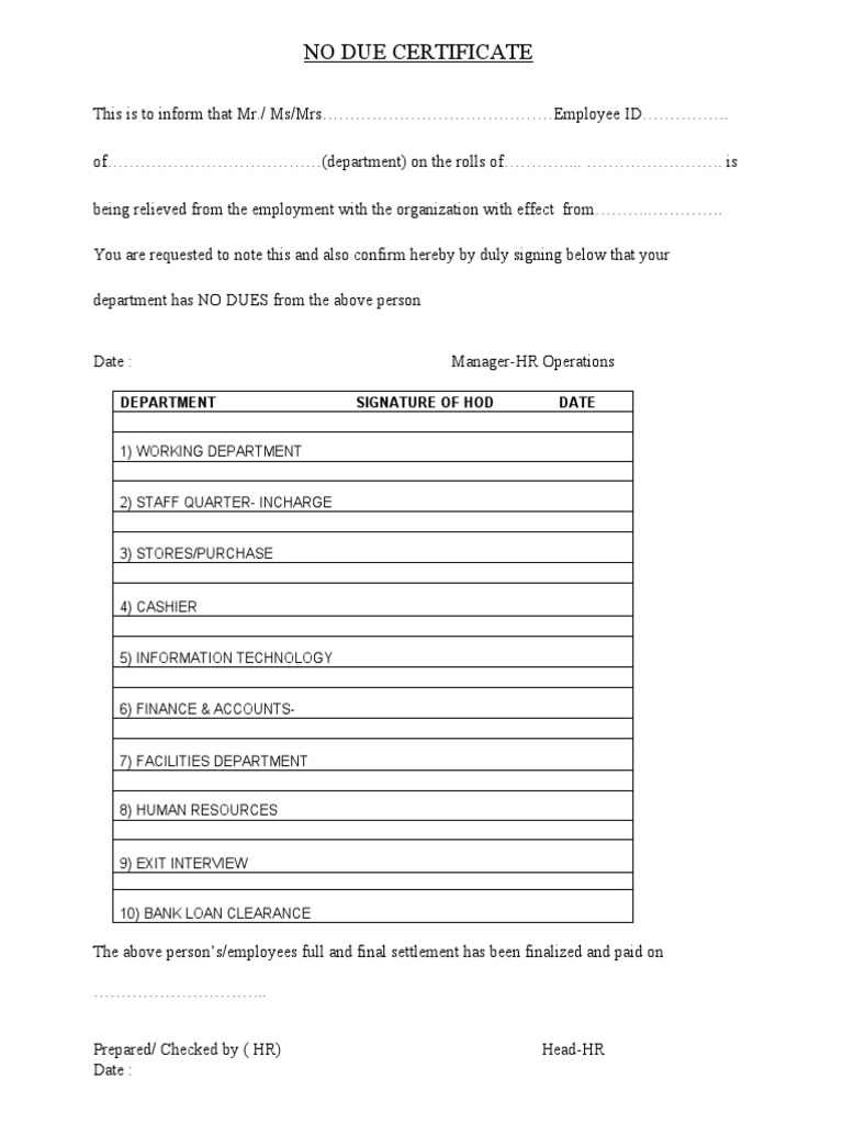 No Due Certificate Format For Employee | PDF
