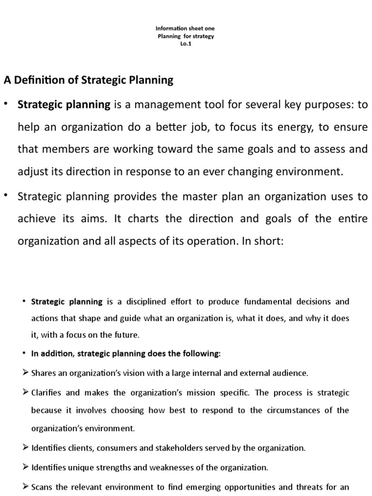 A Definition of Strategic Planning: Information Sheet One Planning For ...