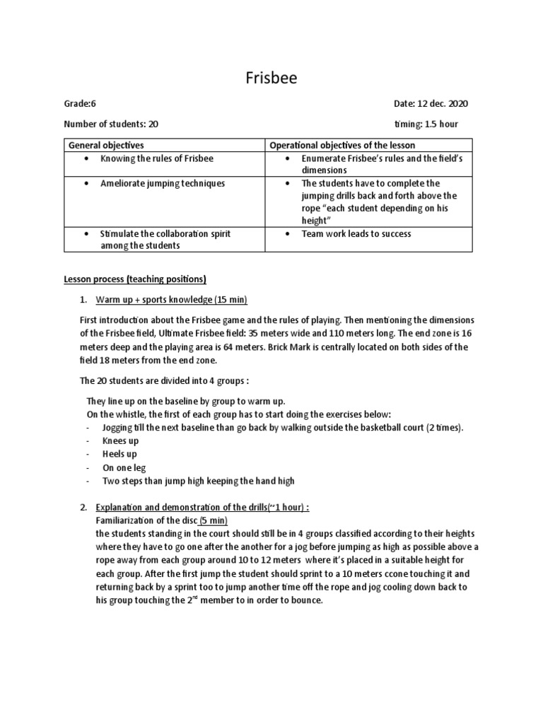 A Frisbee Lesson Plan for Sixth Grade Students Focusing on Learning ...