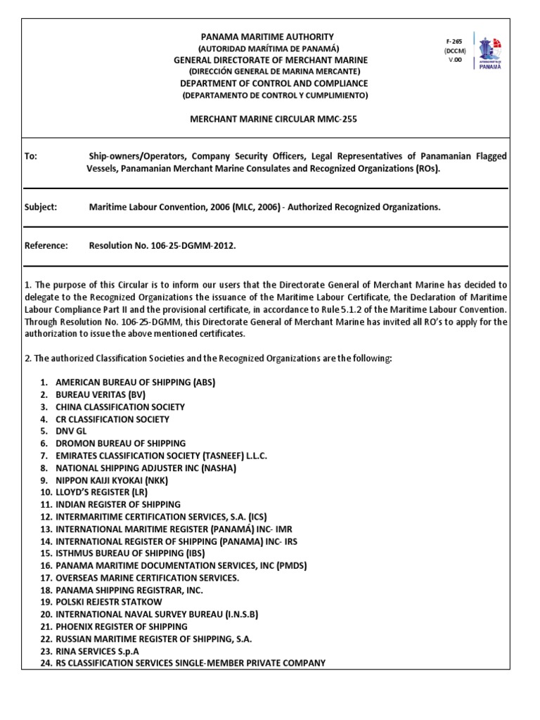 (Autoridad Marítima de Panamá) (Dirección General de Marina Mercante ...