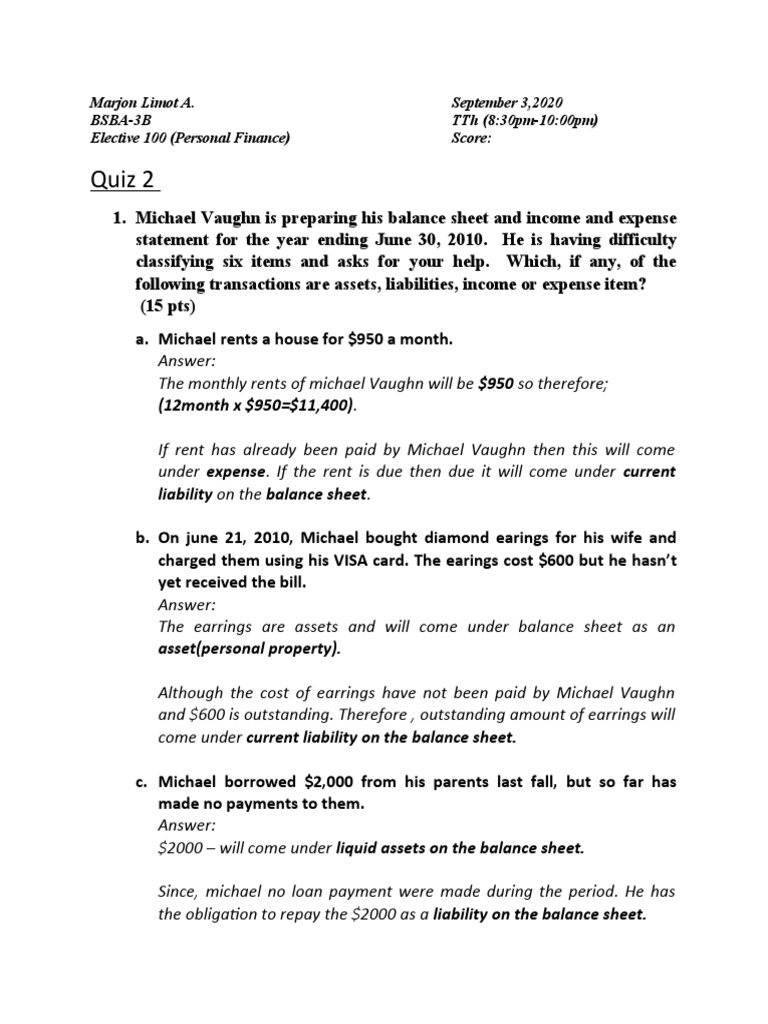 Personal Finance Quiz and Answers | PDF | Balance Sheet | Expense
