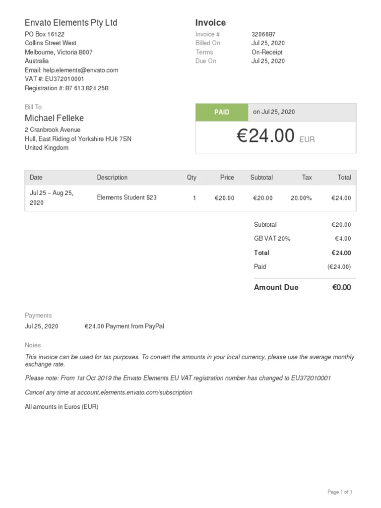 Envato Elements Pty LTD: Invoice | PDF