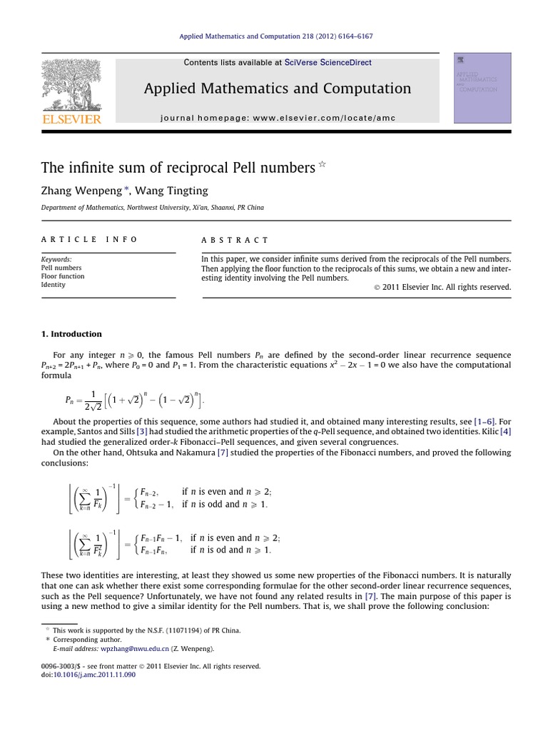 The Infinite Sum of Reciprocal Pell Numbers and a New Identity | PDF ...