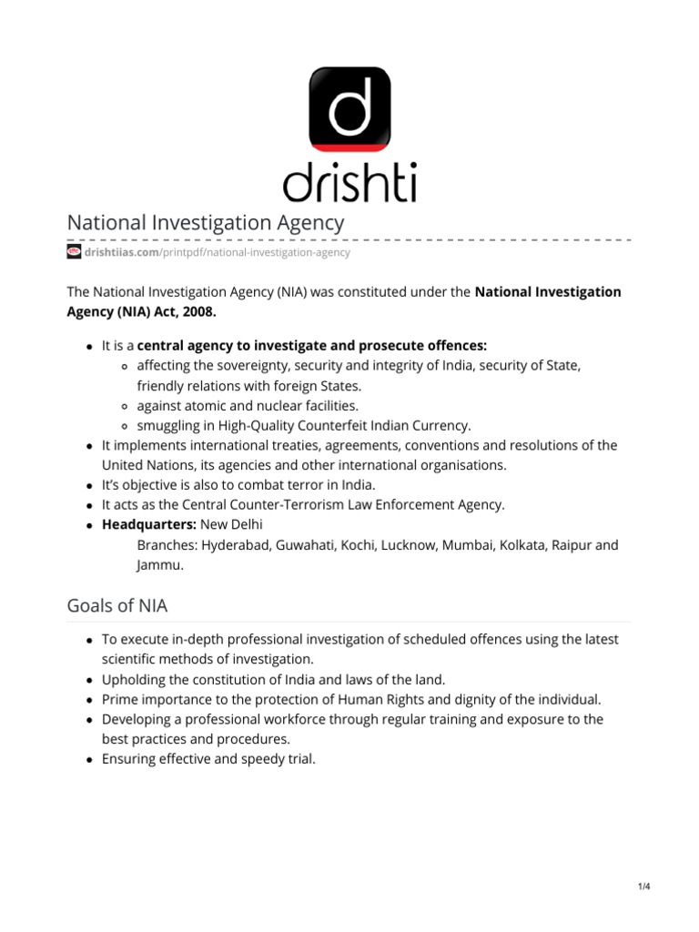National Investigation Agency: Goals of NIA | Download Free PDF ...