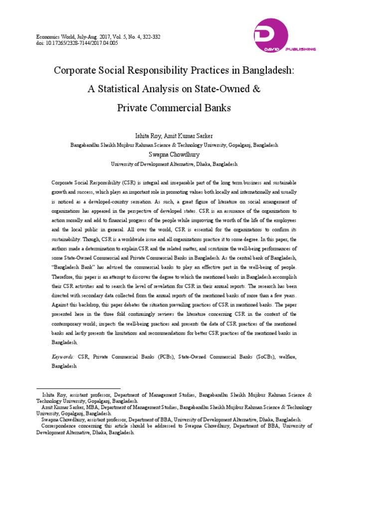 Corporate Social Responsibility Practices in Bangladesh: A Statistical Analysis On State-Owned ...