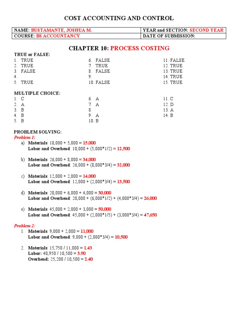 Process Costing - Answer Key 1 | PDF | Inventory | Cost