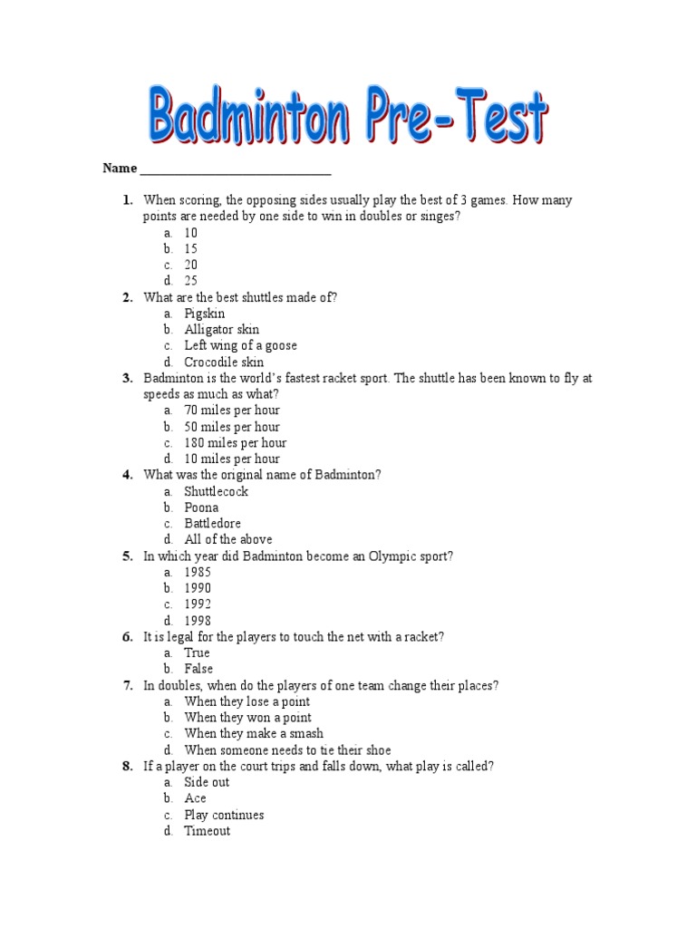 Badminton Pre-Test | PDF | Recreation | Hobbies