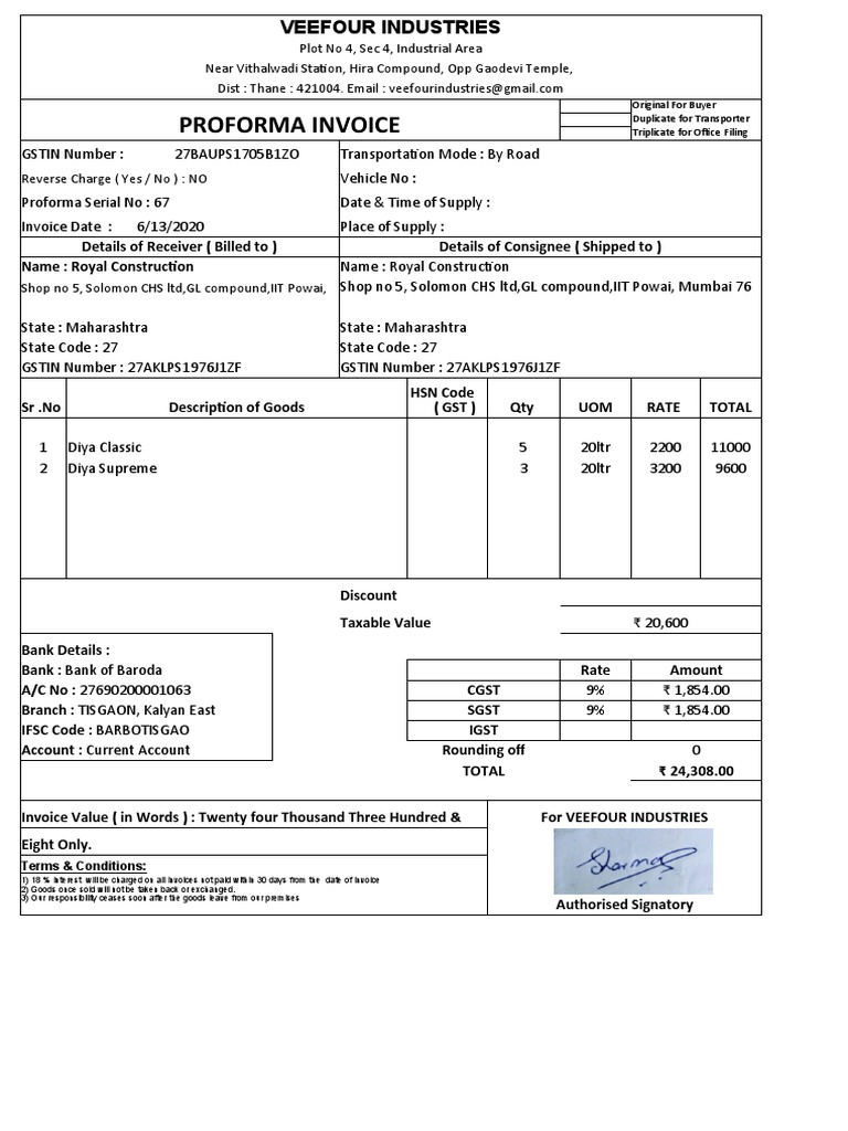 Proforma Invoice: Plot No 4, Sec 4, Industrial Area Near Vithalwadi ...