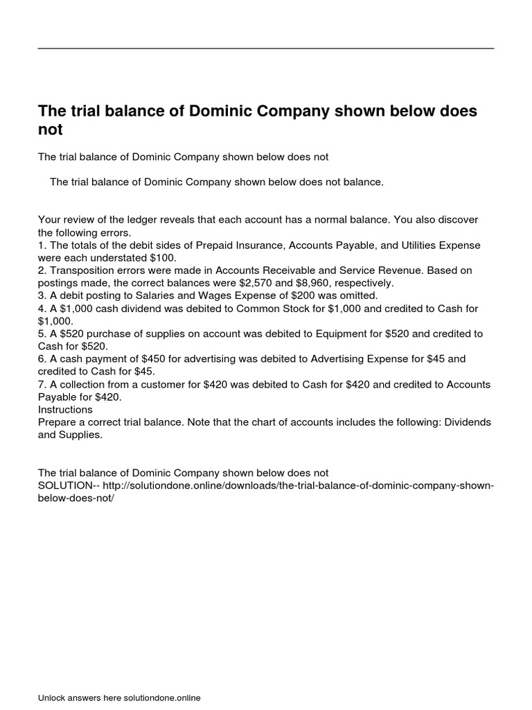 The Trial Balance of Dominic Company Shown Below Does Not: Unlock Answers Here Solutiondone ...