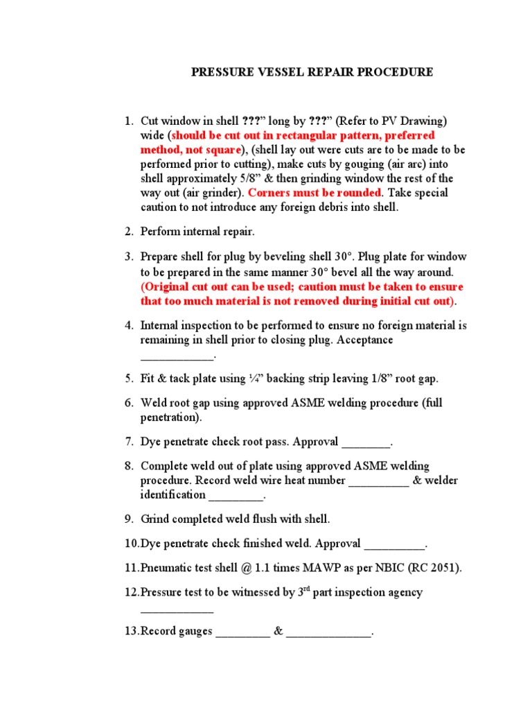 Pressure Vessel Repair Procedure | PDF