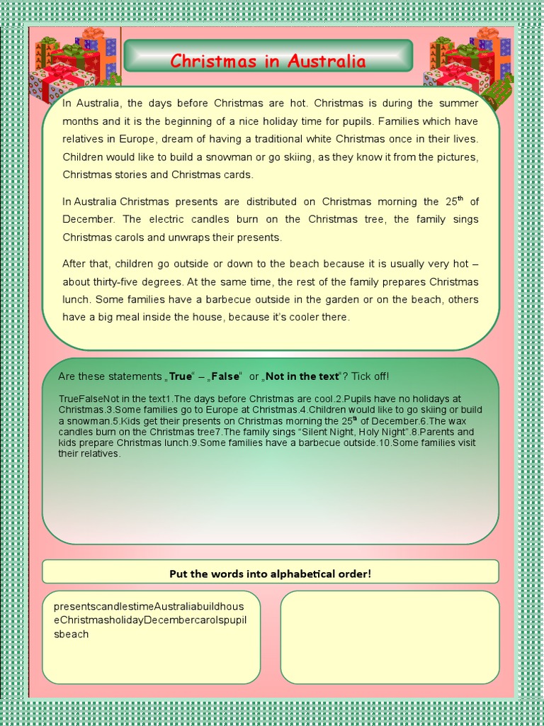 Christmas in Australia Reading Comprehension Exercises 14365 | PDF
