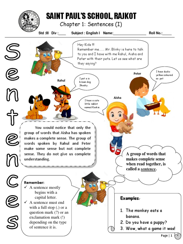Saint Paul'S School, Rajkot: Chapter 1: Sentences (I) | PDF | Question ...