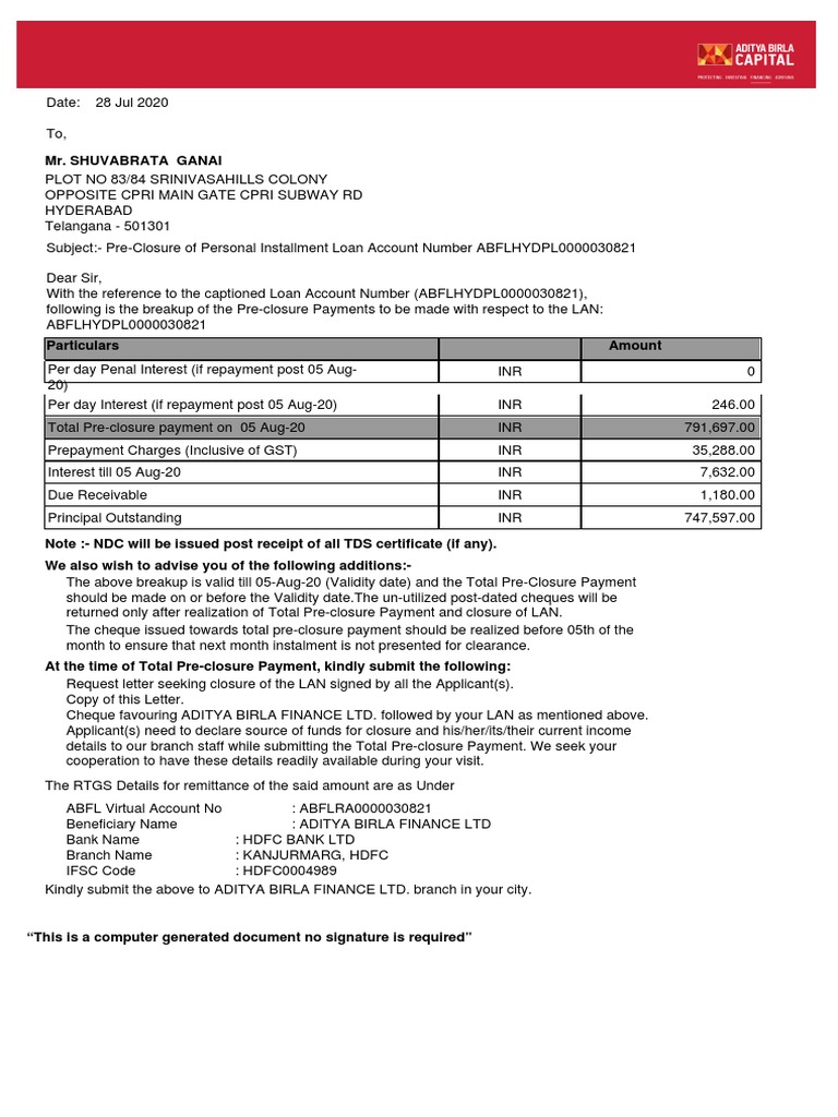 Aditya Birla Foreclosure Letter | PDF | Cheque | Financial Services