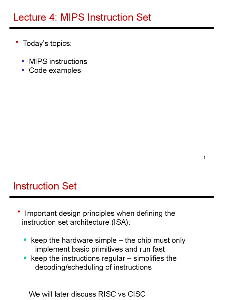 Lecture 4: MIPS Instruction Set: Today's Topics: MIPS Instructions Code Examples | PDF | 64 Bit ...