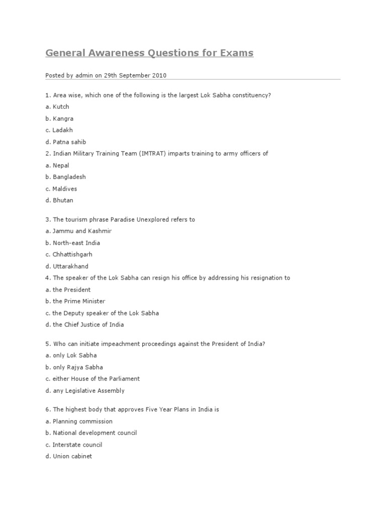 General Awareness Questions for Exams | PDF | Government Of India ...
