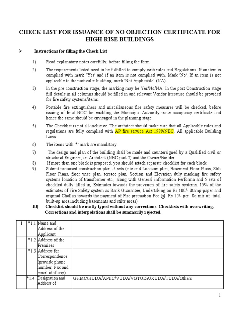 Check List For Issuance of No Objection Certificate For High Rise ...