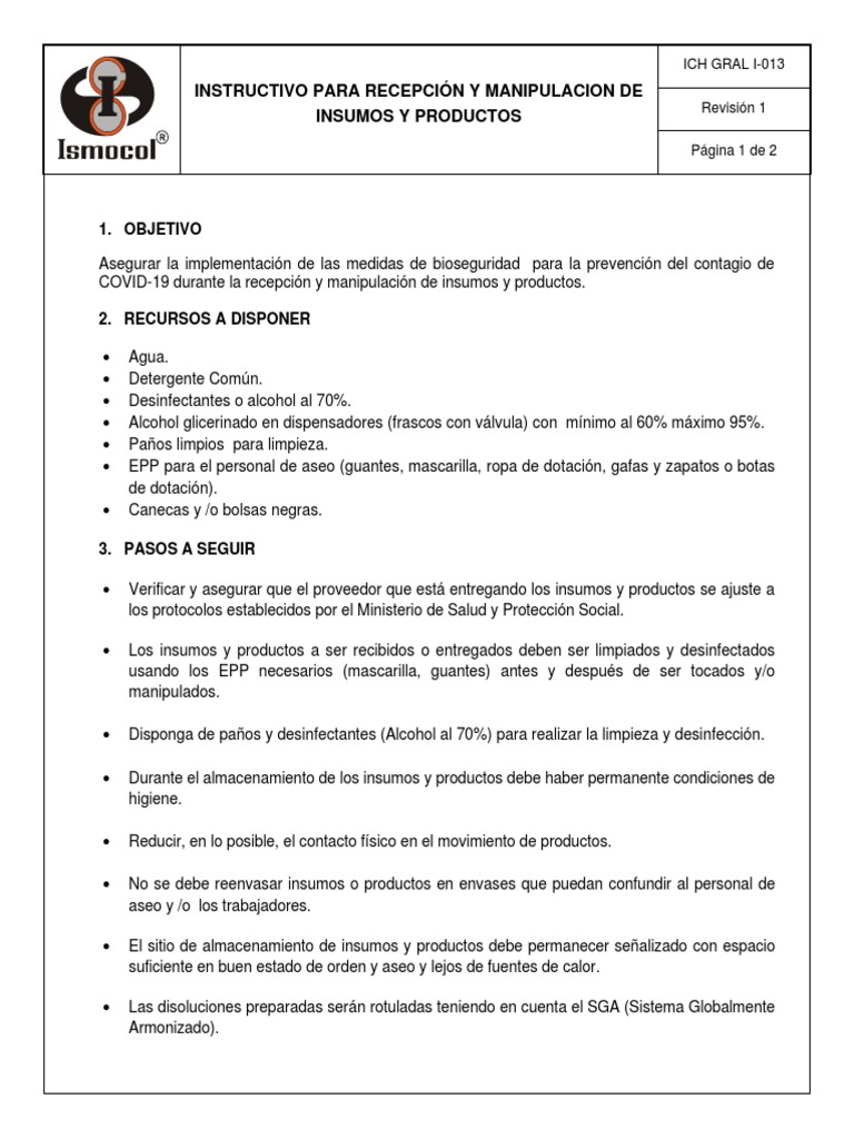 ANEXO 8. ICH GRAL I-013 Instructivo para Recepción y Manipulación de Insumos y Productos | PDF ...