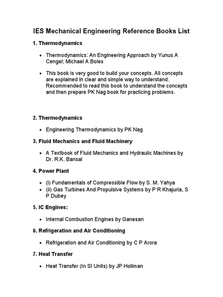 IES Mechanical Engineering Reference Books List: 1. Thermodynamics ...