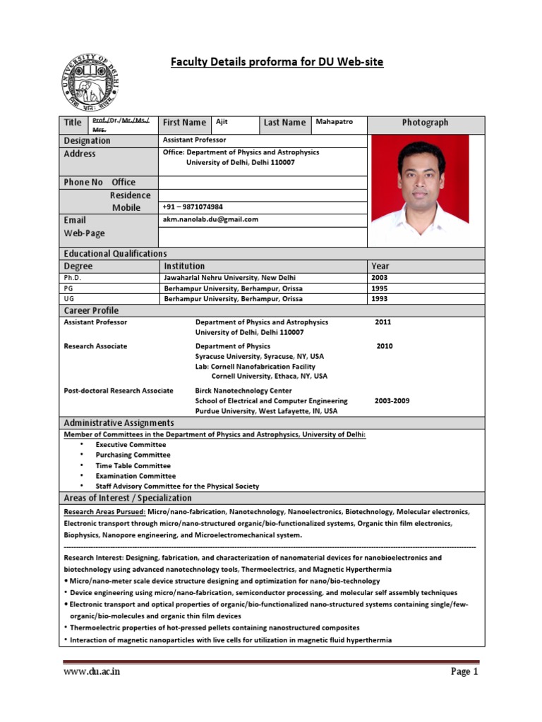 Faculty Details Proforma For DU Web-Site: Prof./Dr./Mr./Ms./ Mrs | Download Free PDF ...
