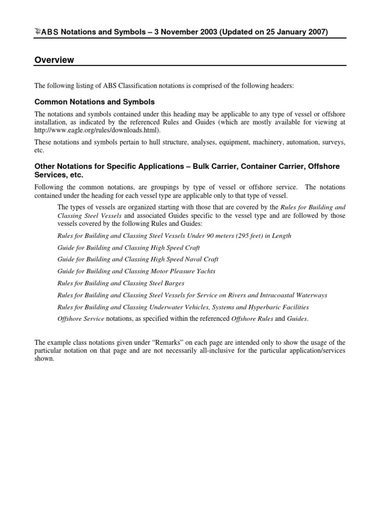 ABS Class Notations and Symbols Guide | PDF | Water Transport | Ships