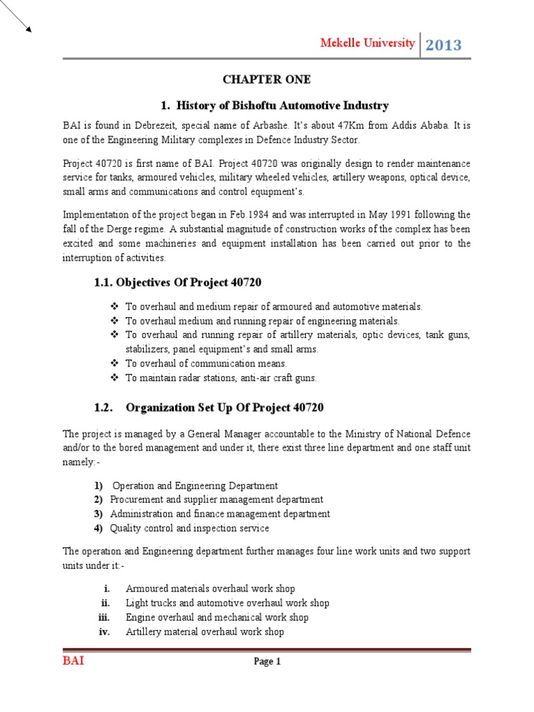 Chapter One 1. History of Bishoftu Automotive Industry: Mekelle ...