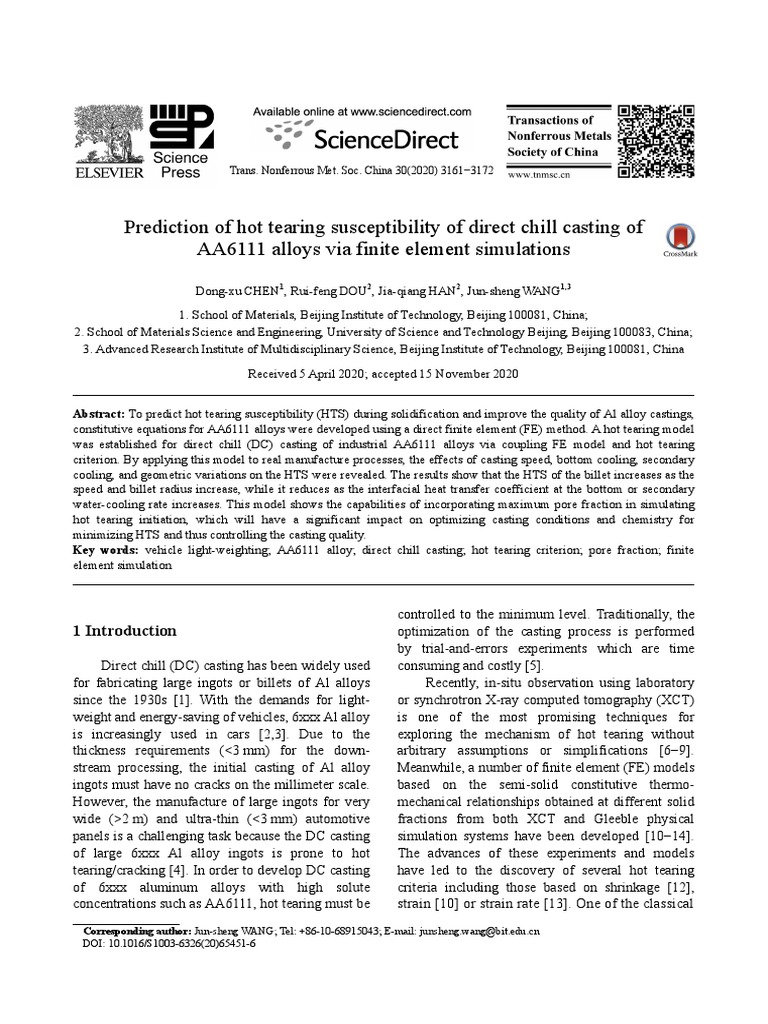 Prediction of Hot Tearing Susceptibility of Direct Chill Casting of AA6111 Alloys Via Finite ...