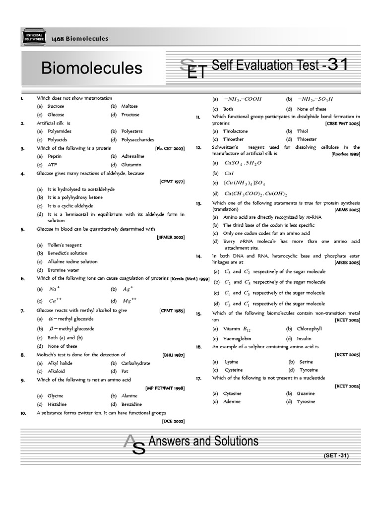 04 Biomolecules Set Test Final E | PDF | Glucose | Biomolecules