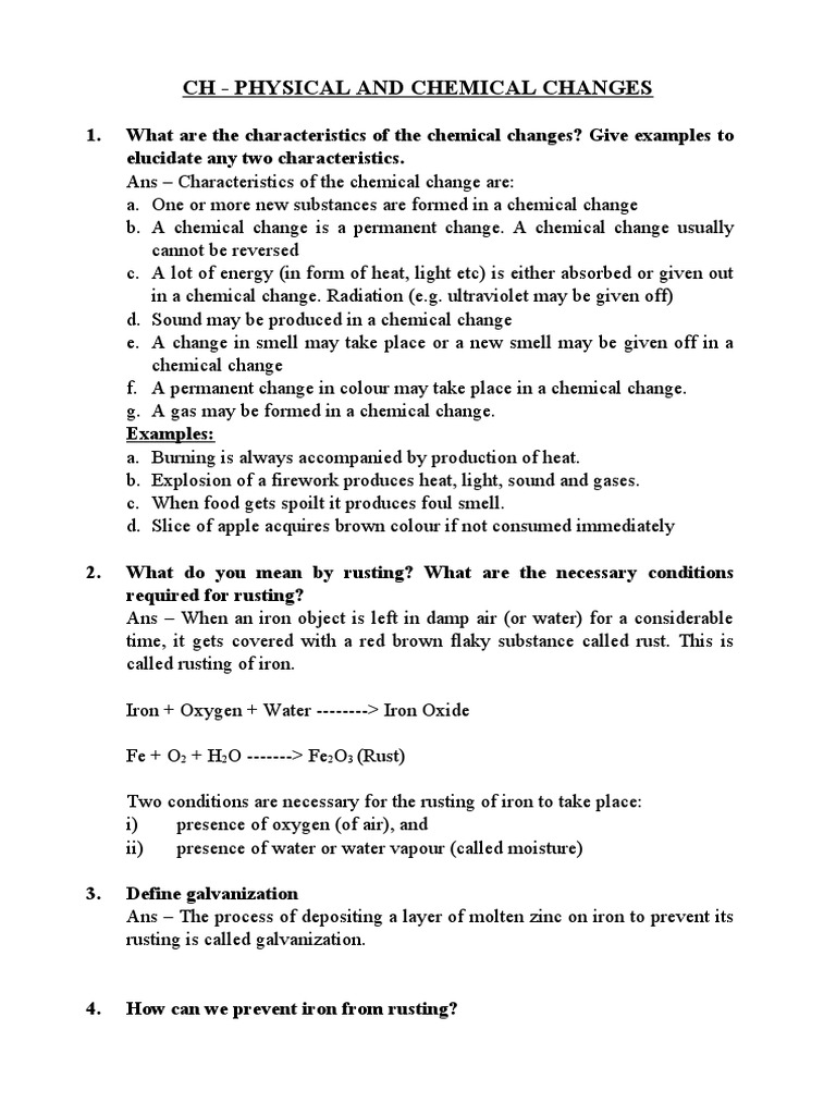 Science - 101020 - Physical and Chemical Changes Class 7 Assignment ...