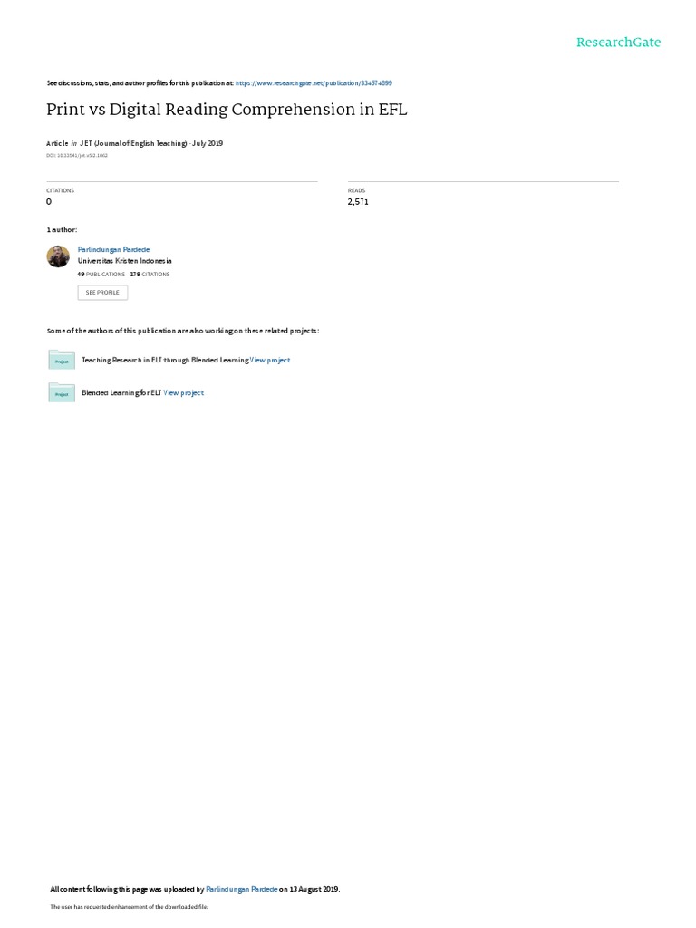 Print Vs Digital Reading Comprehension in Efl | PDF | Reading ...