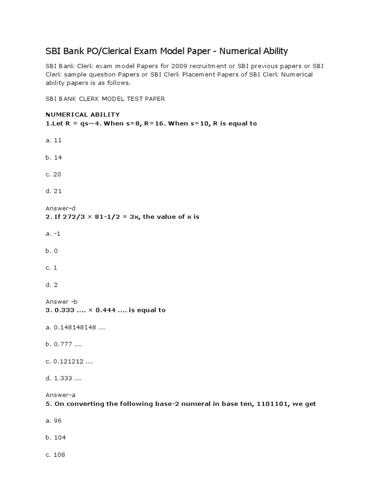 SBI Clerk Numerical Ability Model Paper | PDF | Area | Speed
