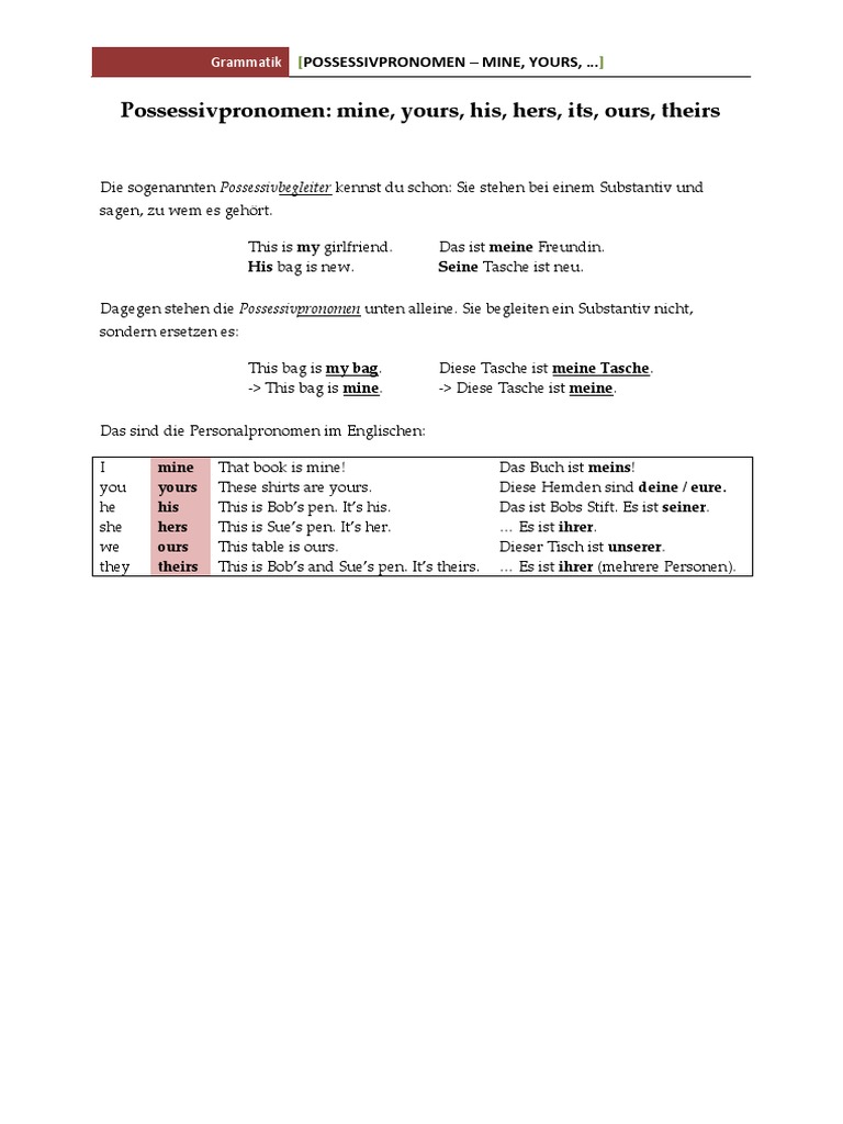 Possessivpronomen: Mine, Yours, His, Hers, Its, Ours, Theirs | PDF