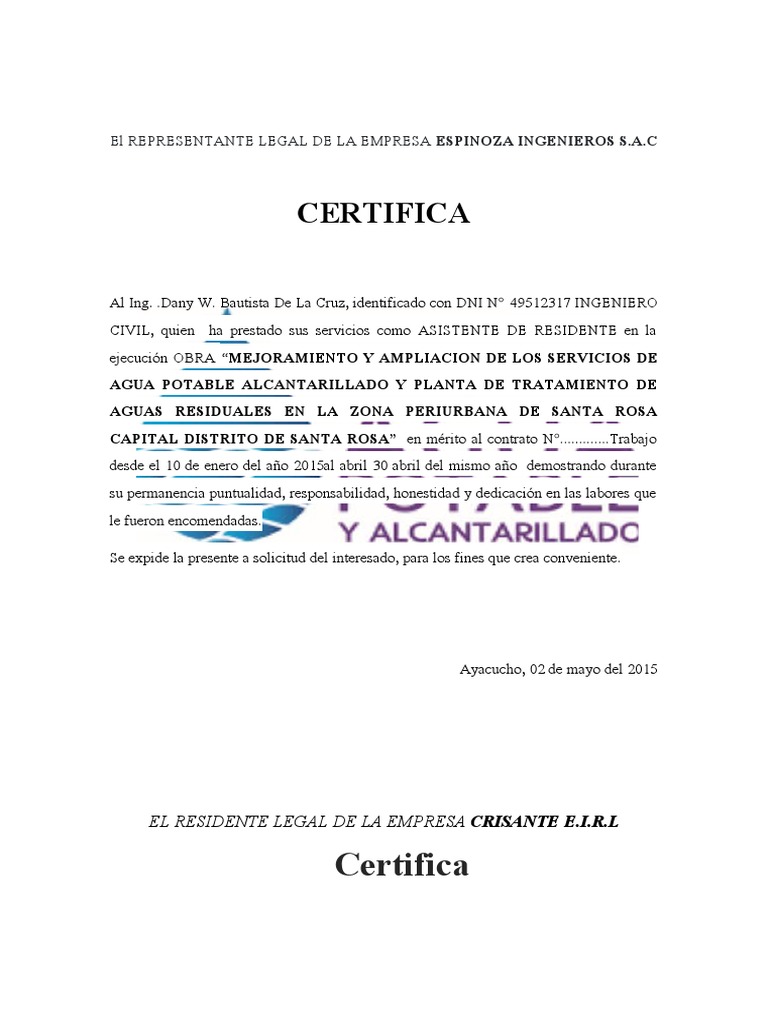 Certificados de trabajo que demuestran la experiencia laboral del Ingeniero Civil Dany W ...