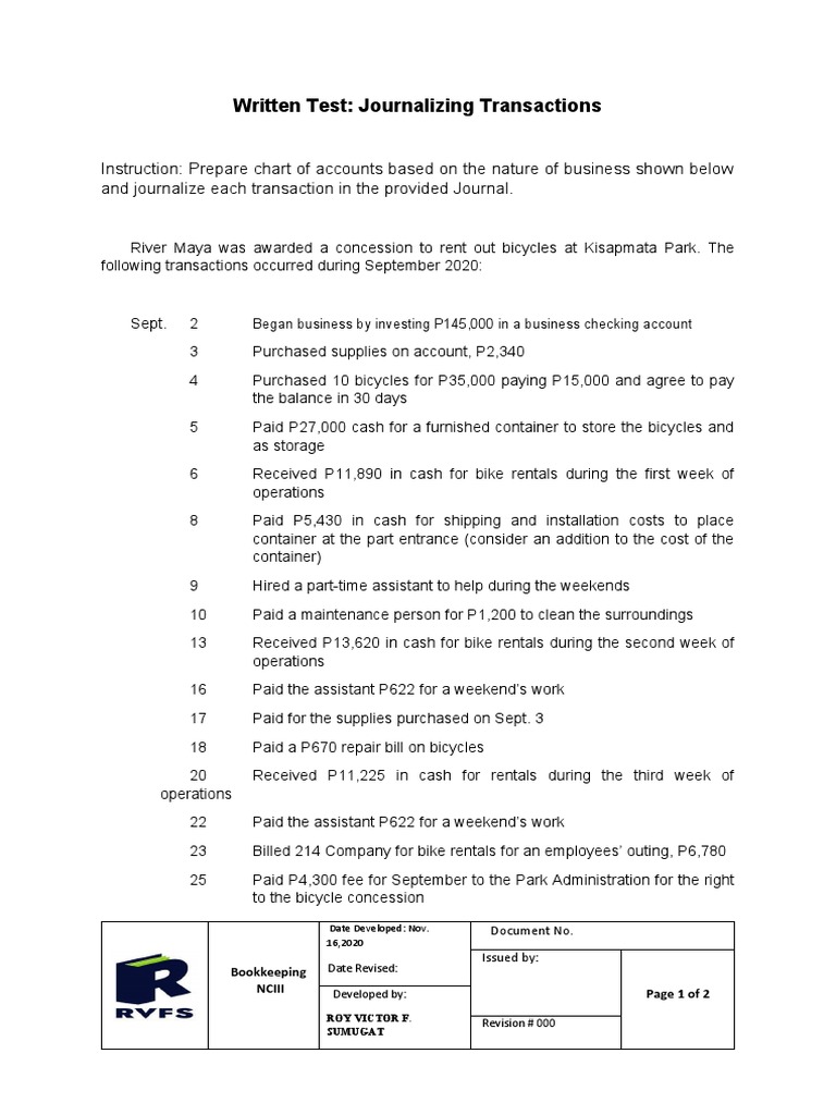 Written Test: Journalizing Transactions | PDF | Bookkeeping | Service ...