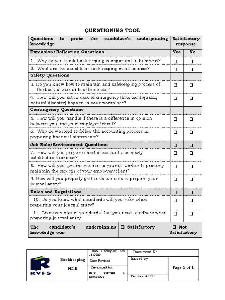 Questioning Tool: Bookkeeping Nciii Page 1 of 1 | PDF | Business | Finance & Money Management
