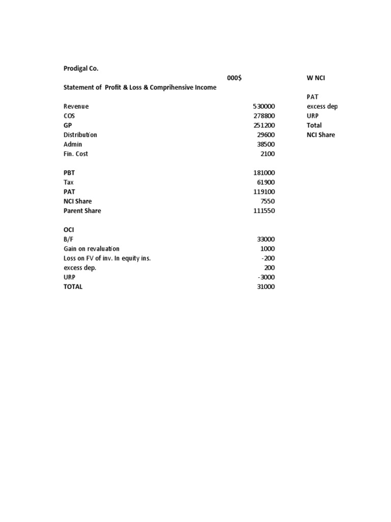 Prodigal Co. 000$ W Nci Statement of Profit & Loss & Comprihensive ...