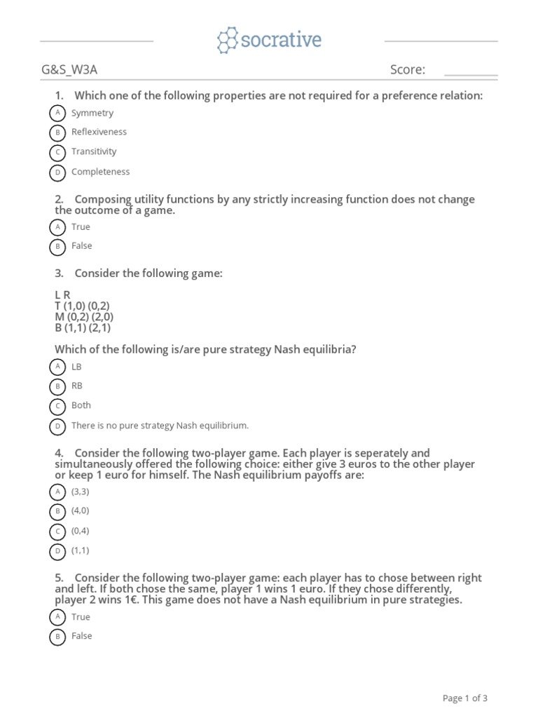 Quizz 3A Game Theory | PDF | Microeconomics | Leisure Activities