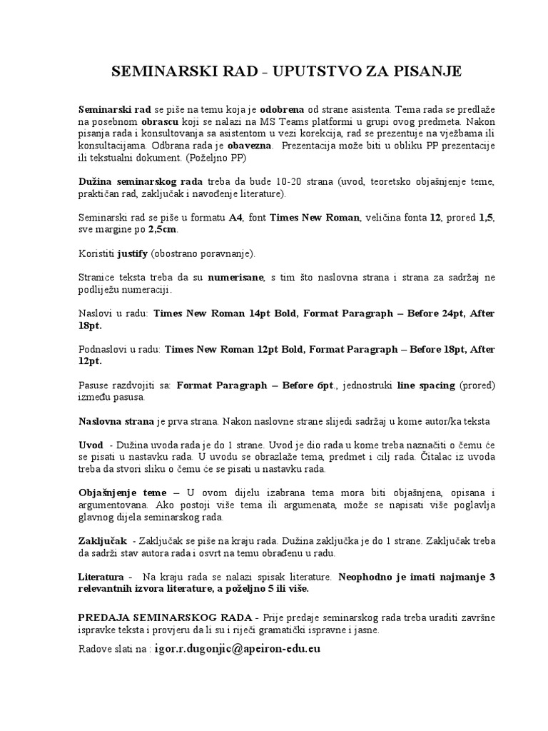 Uputstvo Za Pisanje Seminarskih Radova Iz NPJ | PDF