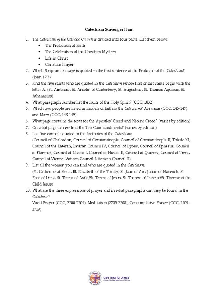 Catechism Scavenger Hunt Guide to Parts, Quotes, Saints and Prayers | PDF