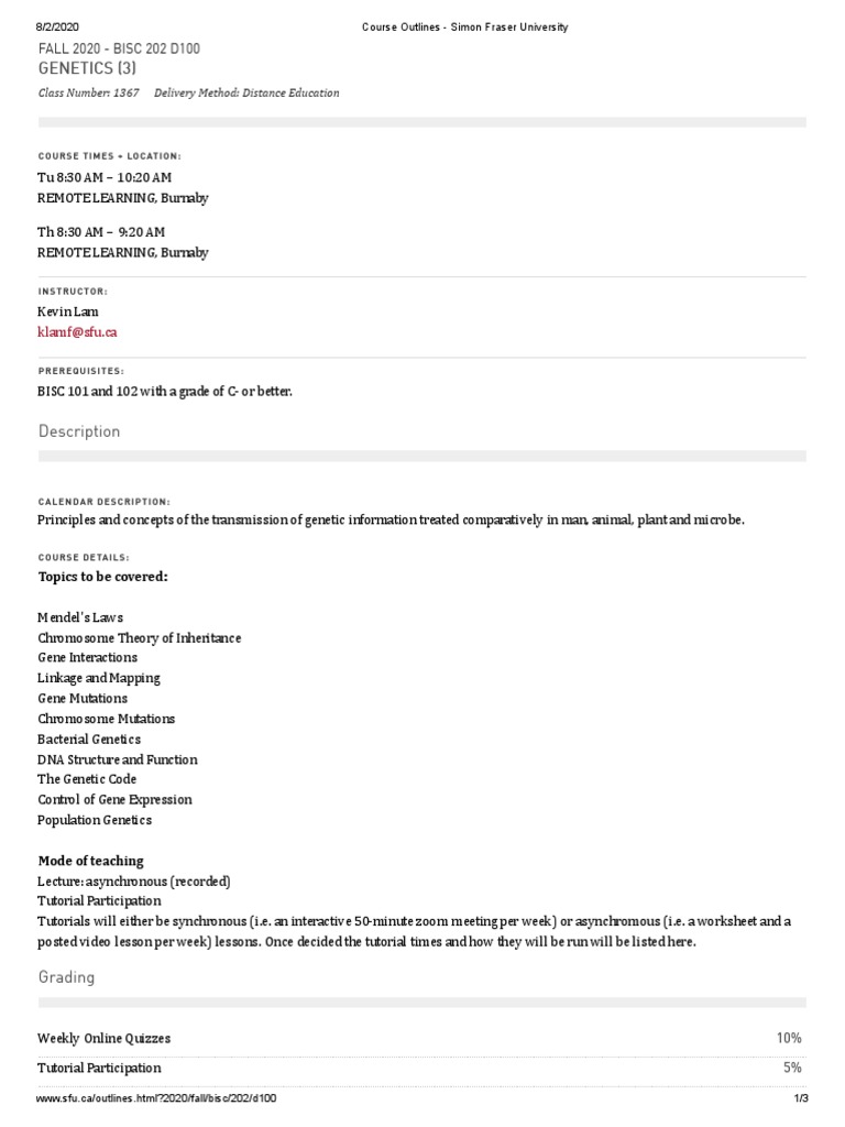 Course Outlines - Simon Fraser University | PDF | Gene | Genetics
