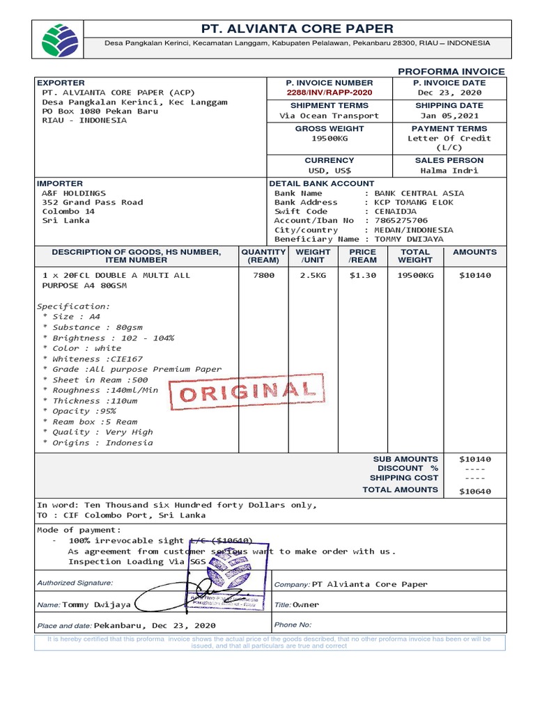Proforma Invoice To Sri Lanka PDF | PDF | Invoice | Banking
