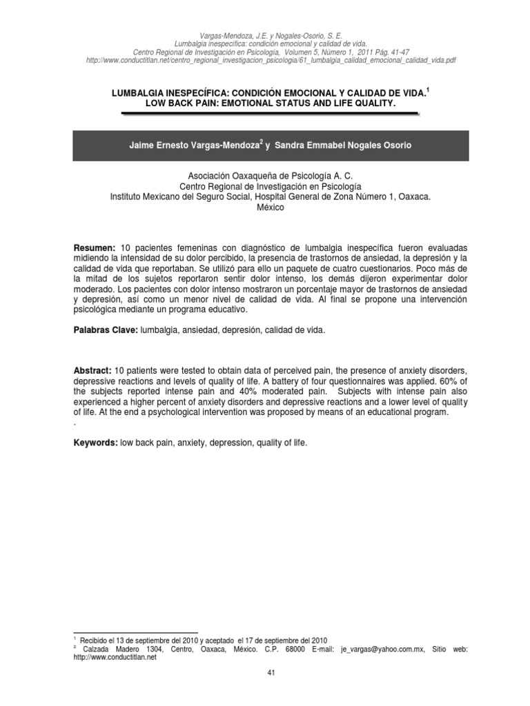 Lumbalgia Inespecifica Condicion Emocional y | PDF | Dolor lumbar ...