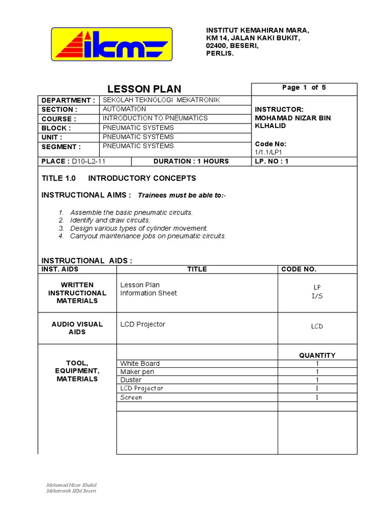 Lesson Plan: TITLE 1.0 Introductory Concepts Instructional Aims | PDF ...