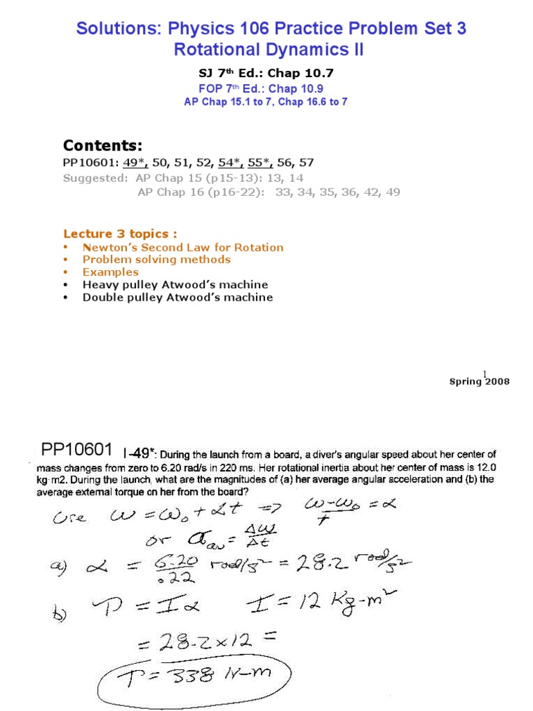 Solutions: Physics 106 Practice Problem Set 3 Rotational Dynamics II | PDF | Rotation Around A ...
